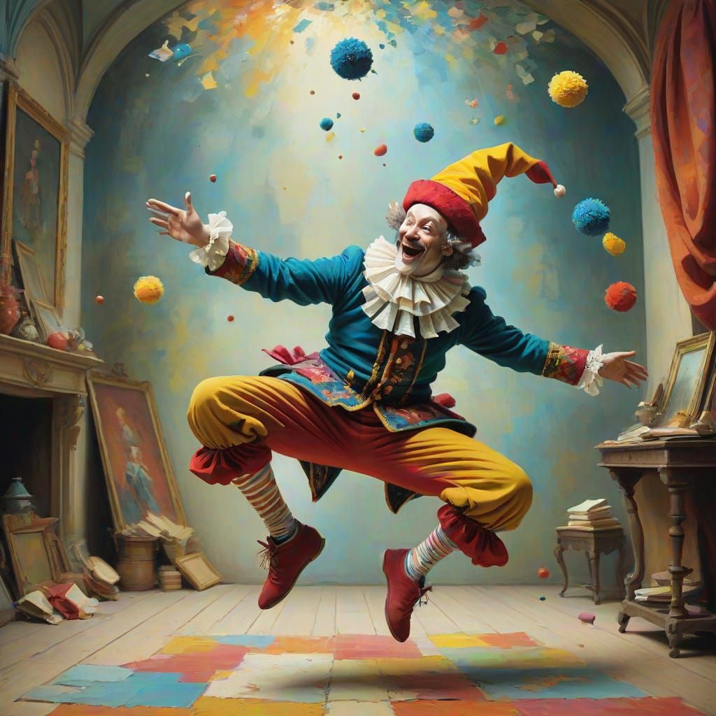 Jester's Whimsical Acrobatic Dance in Colorful Att... - AI Art