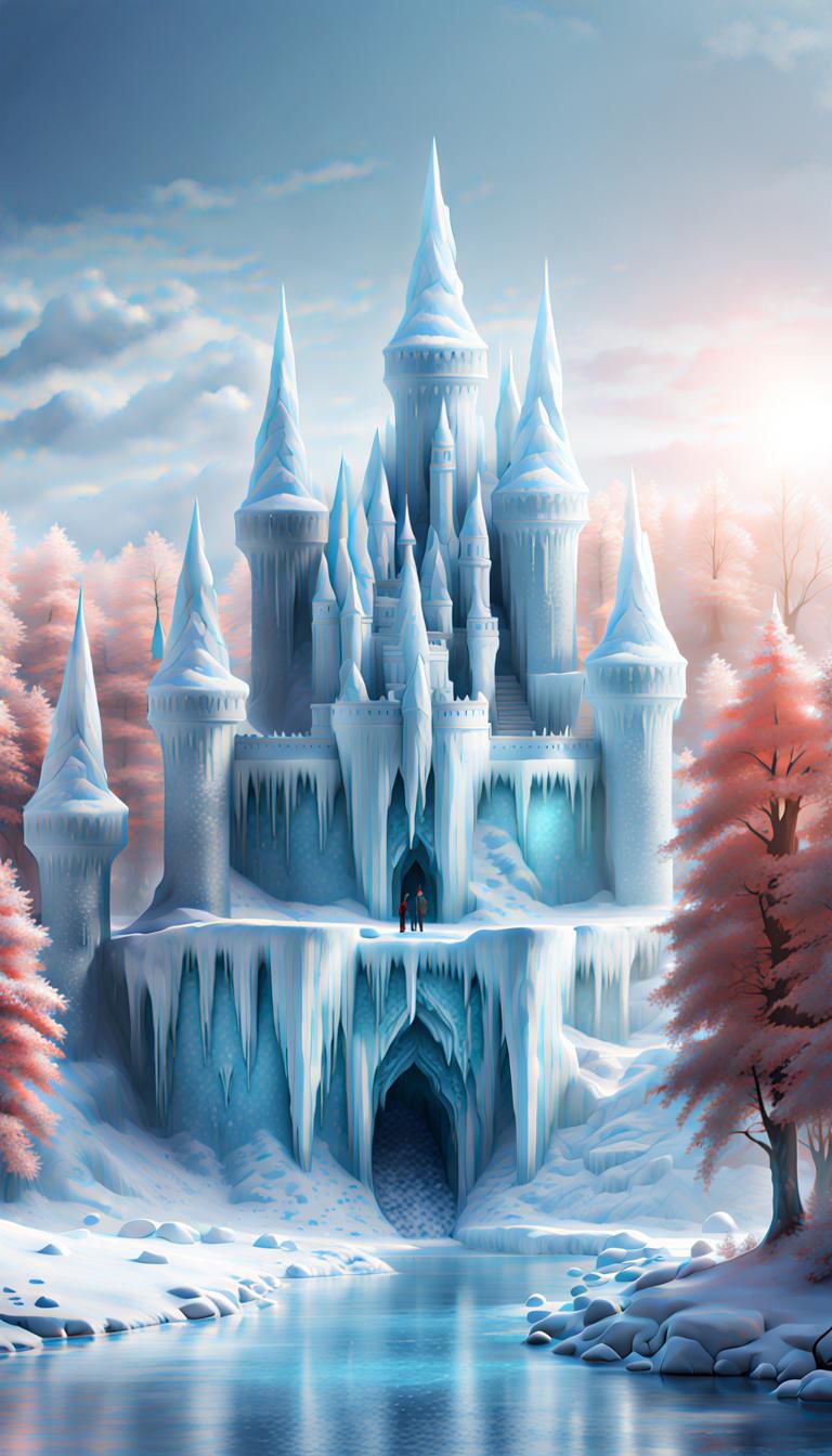 A Hyperdetailed realistic mythical massive Ice Castle in a fantasy ice ...