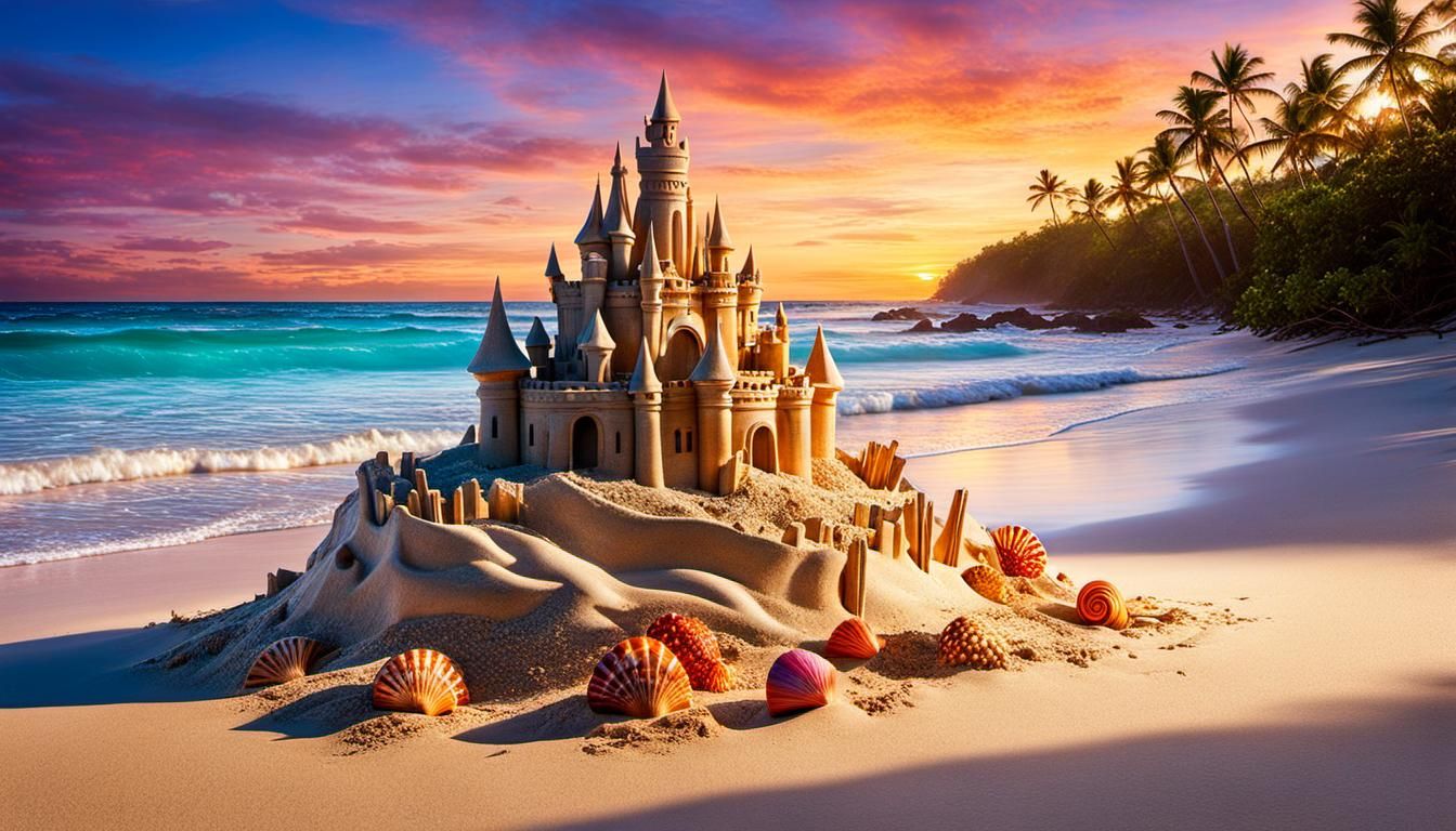 A sand castle art on a Carribean beach at sunset. - AI Generated ...