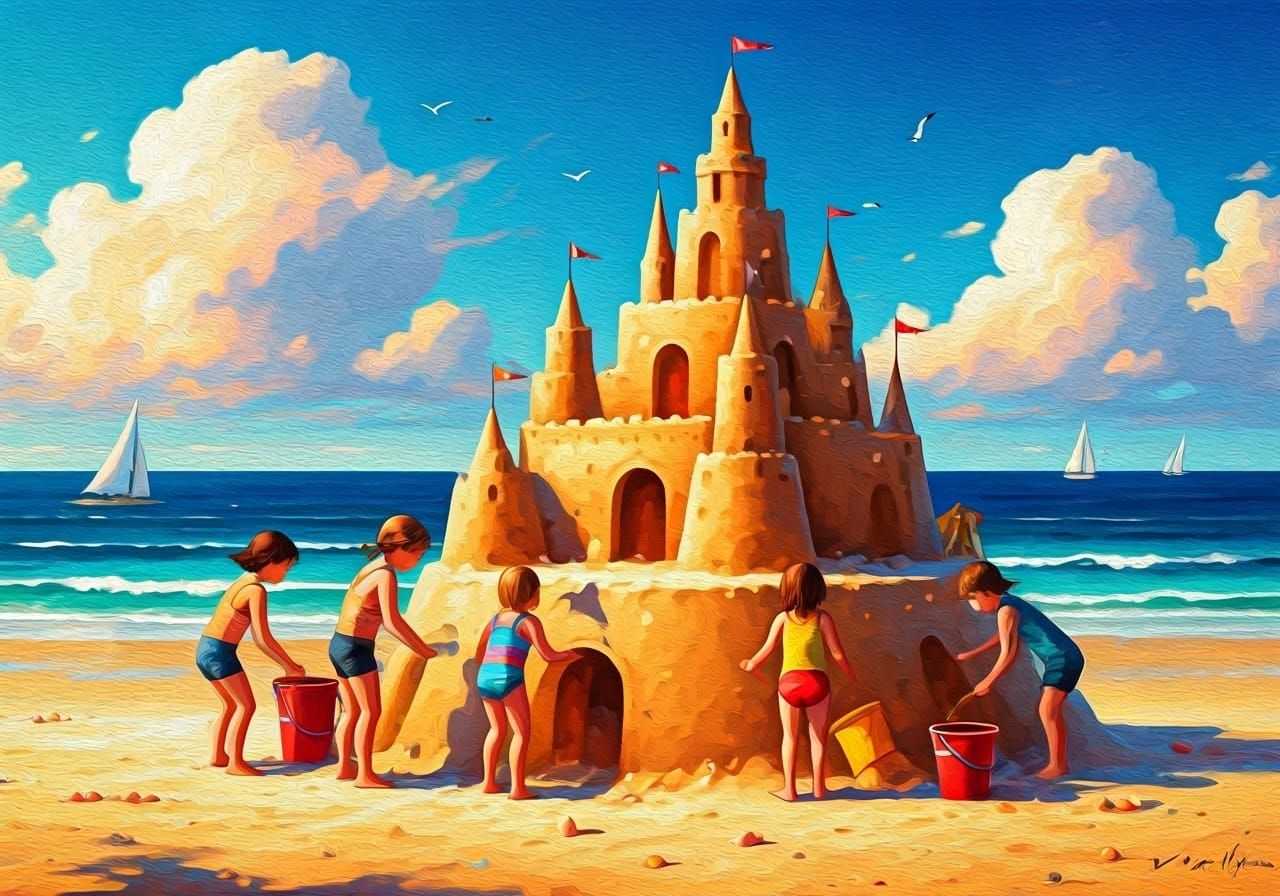 Life Size - Happy Children Build Majestic Sandcastle in Vib...