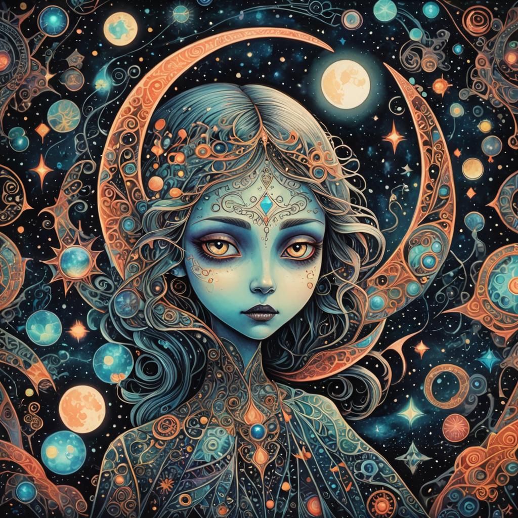 Glowing Neon Horror, diamond moon, cosmic nebulae, zentangle, Benjamin ...