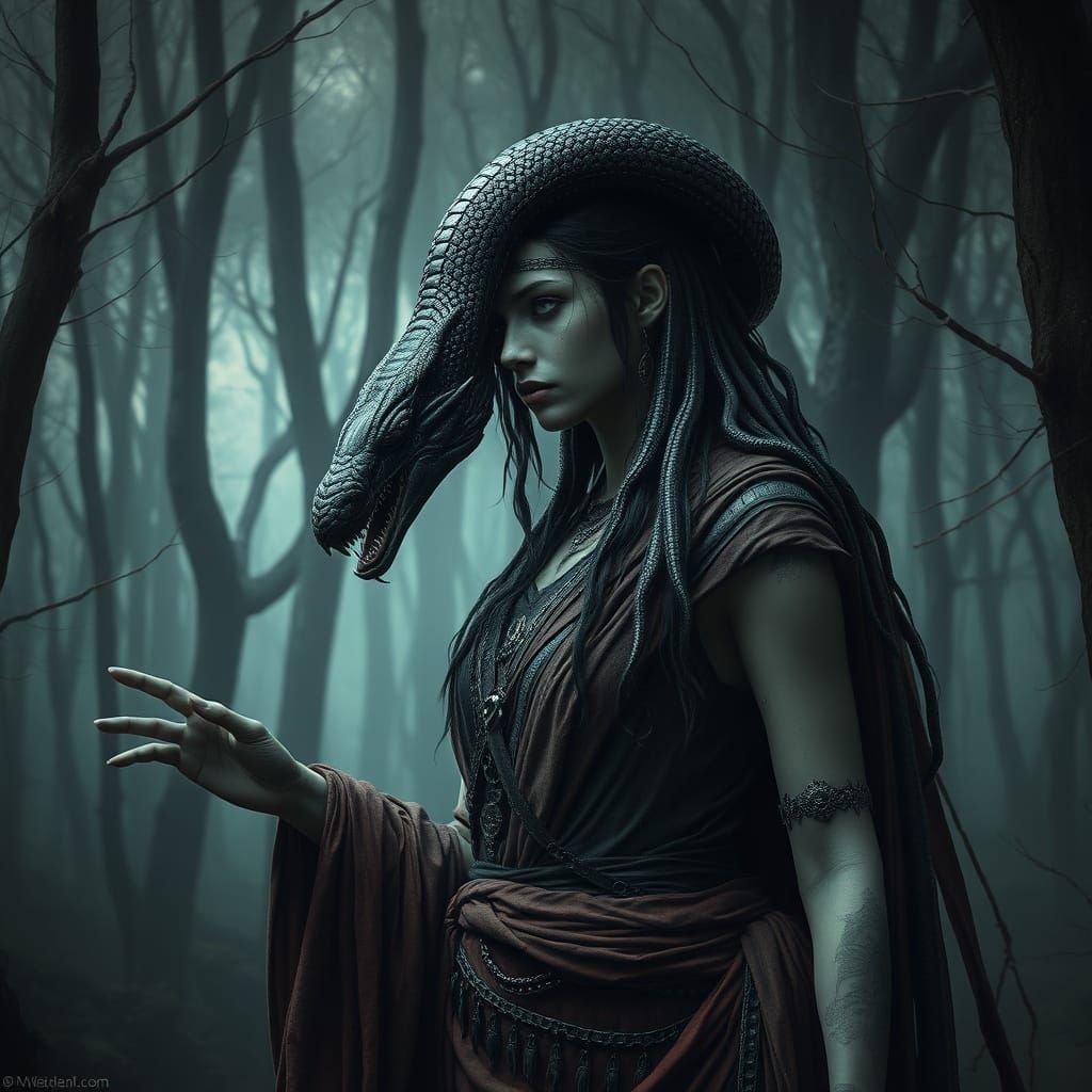 Stheno - Stheno in Mystical Forest, Dark Fantasy Art
