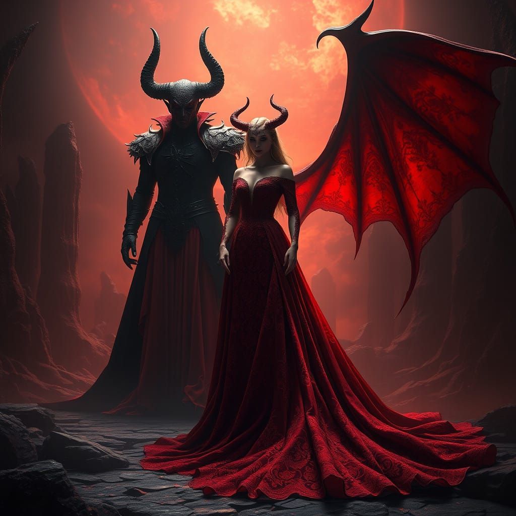 Majestic Devil Stands with Enchanting Bride in Blo... - AI Art