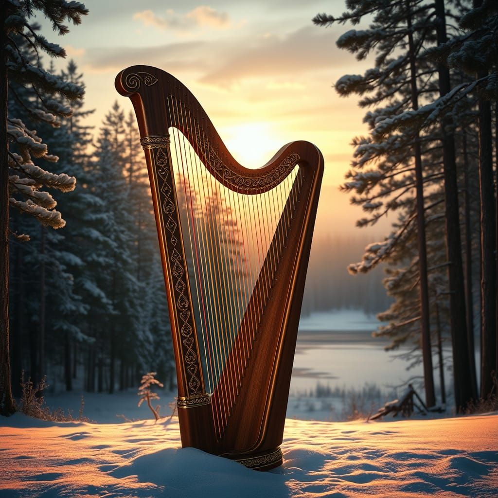Ethereal Winter Dawn: Ancient Irish Harp in Celtic... - AI Art