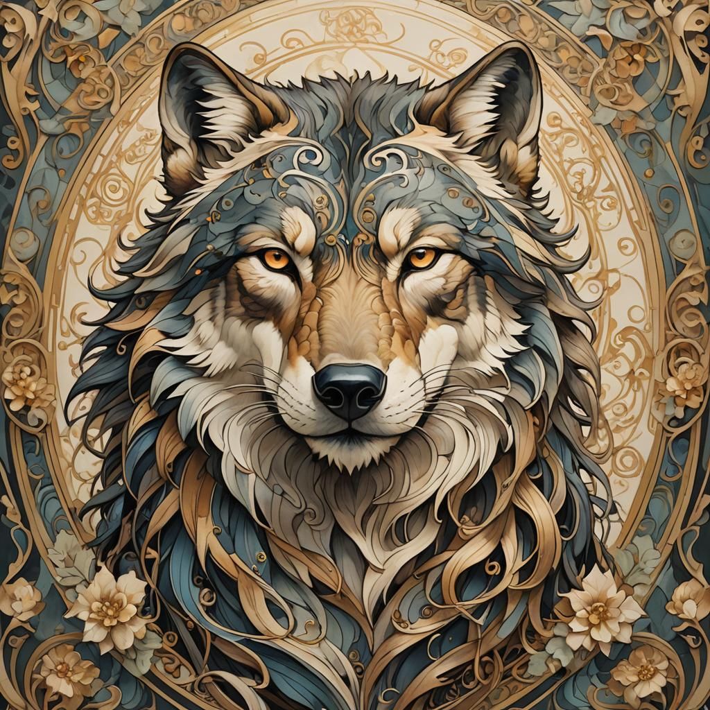 a wolf that is formed out of elegant and flowing calligraphy head and ...