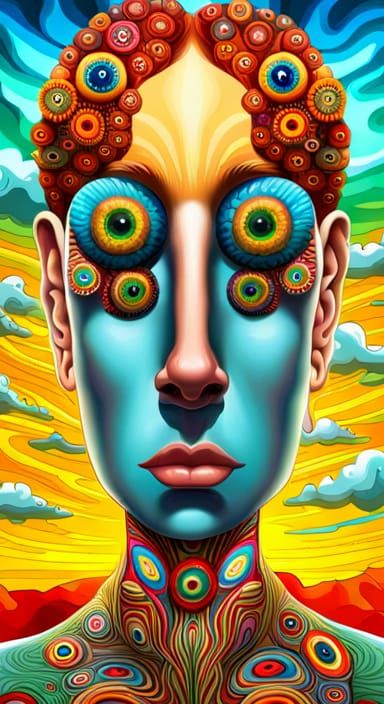an unnatural face with psychedelic textures, shapes and colors, six big ...