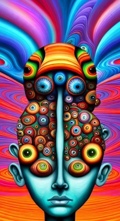 an unnatural face with psychedelic textures, shapes and colors, six big ...
