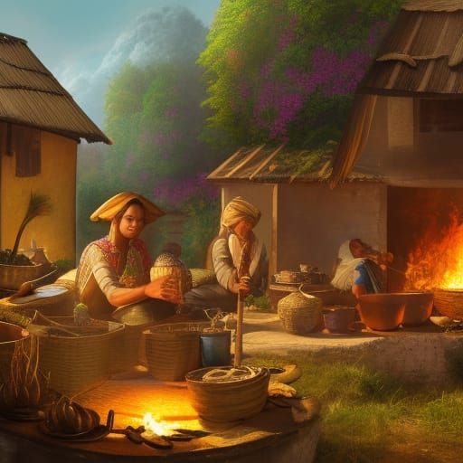 villagers cooking with traditional fuels, bustling rural communities ...