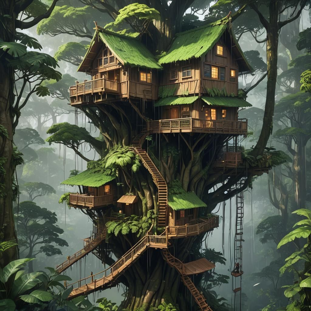 5 story treehouse in the rainforest. (Realistic Anime) - AI Generated ...
