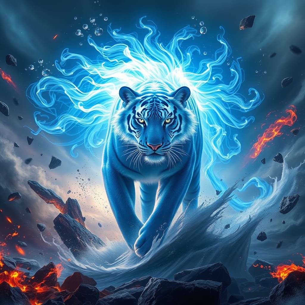 Radiant Blue Tiger in Elemental Cyclone - AI Art