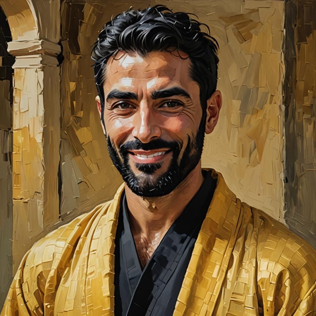 A handsome Arab with black hair and beard, wearing a yellow robe with a ...