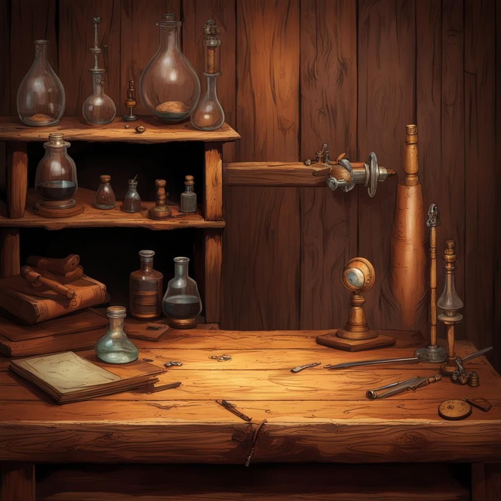 Worn wooden table of wizards lab. - AI Generated Artwork - NightCafe ...