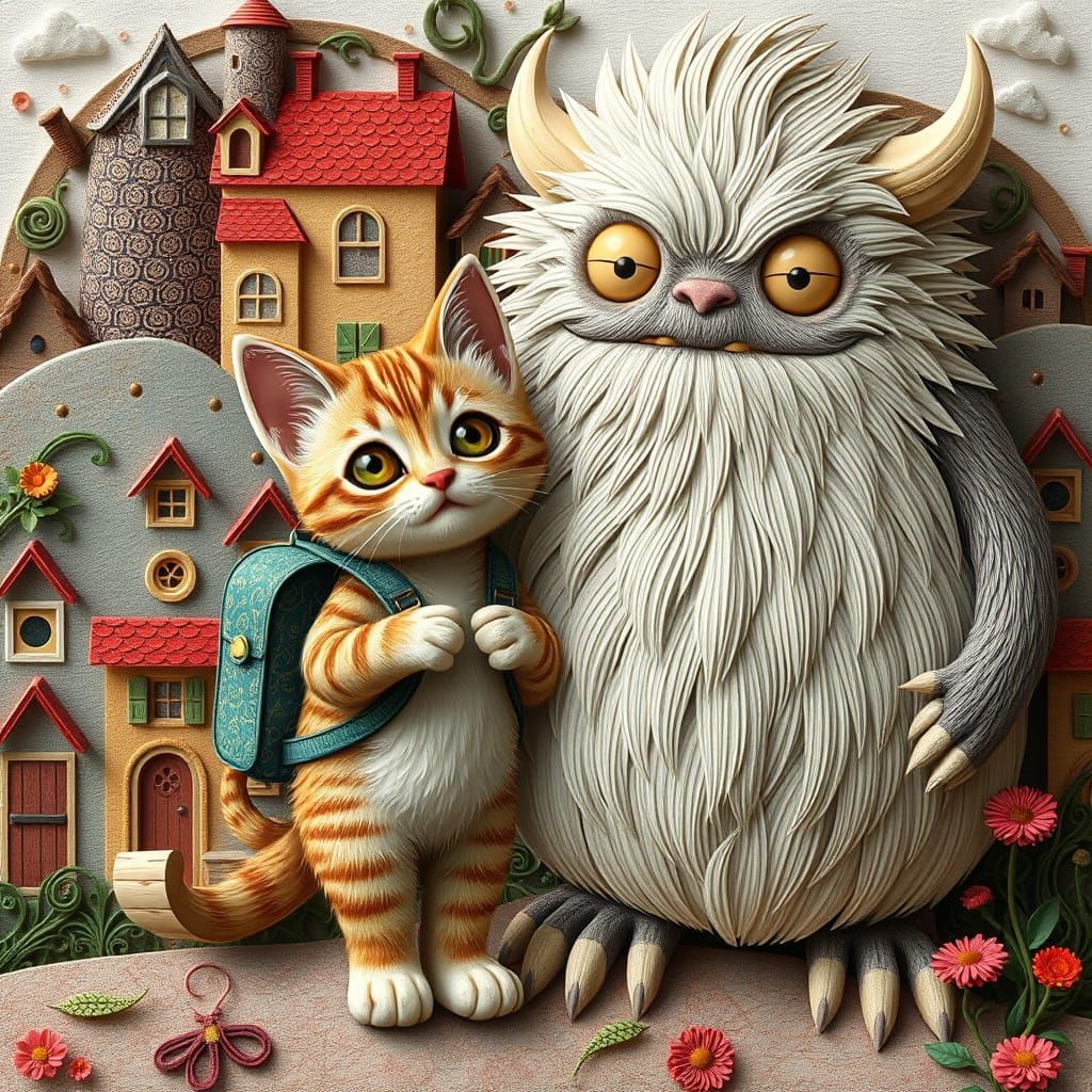 a kitty is friends with a monster quilling pixel art hyperrealism folk art