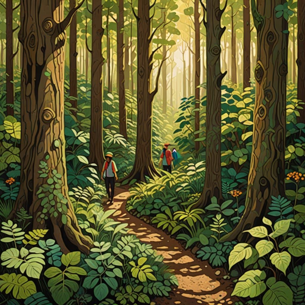 Forest Path - Harmonious Forest Gathering in Vibrant Digital...