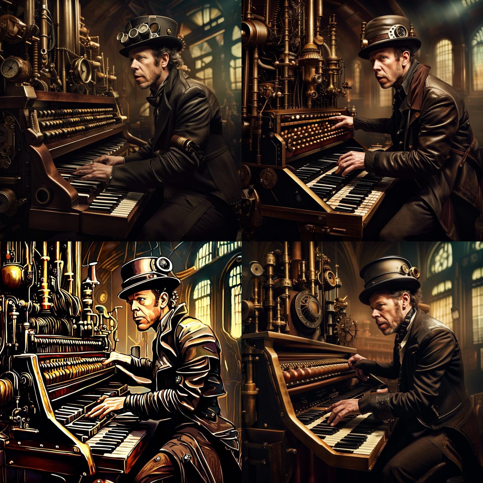 tom waits singer playing a steampunk organ looking at the viewer ...
