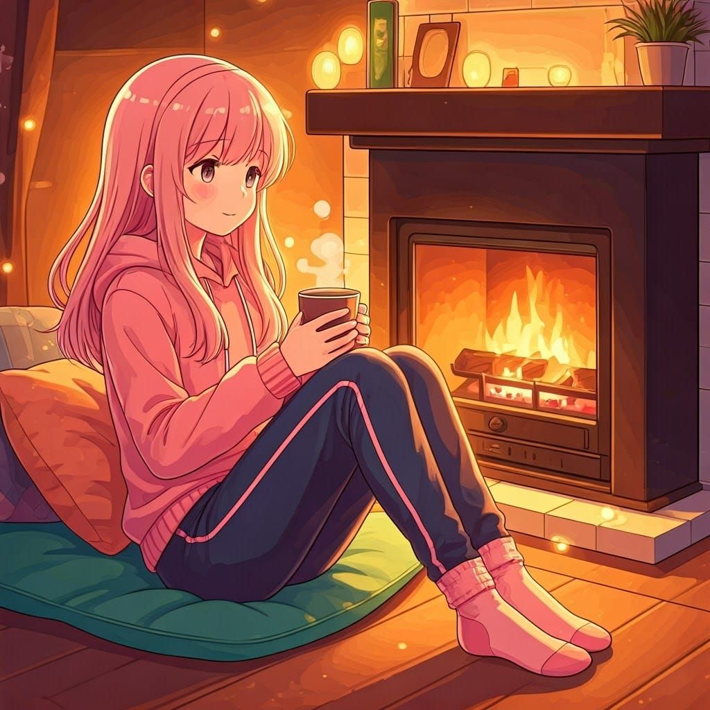 Warm Whimsy: Cozy Girl by the Fireplace - AI Art