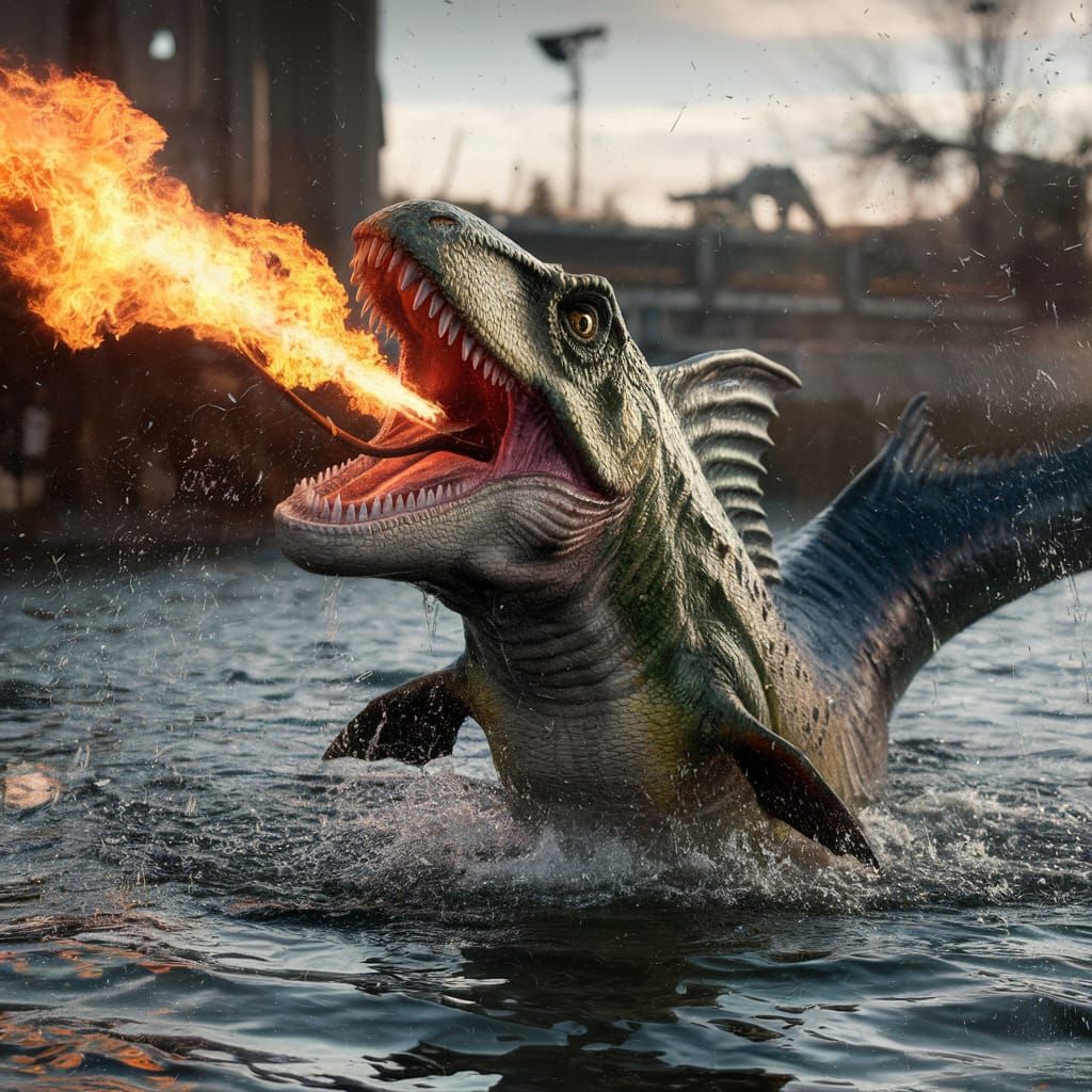 Apocalyptic Dinosaur Erupts from the Depths in a F... - AI Art