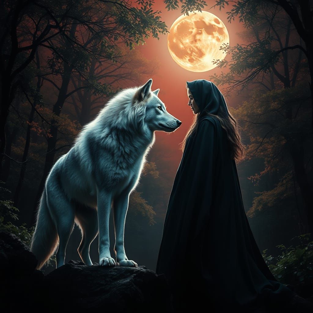 Ethereal, wolf, full blood moon, stunning, regal Q... - AI Art