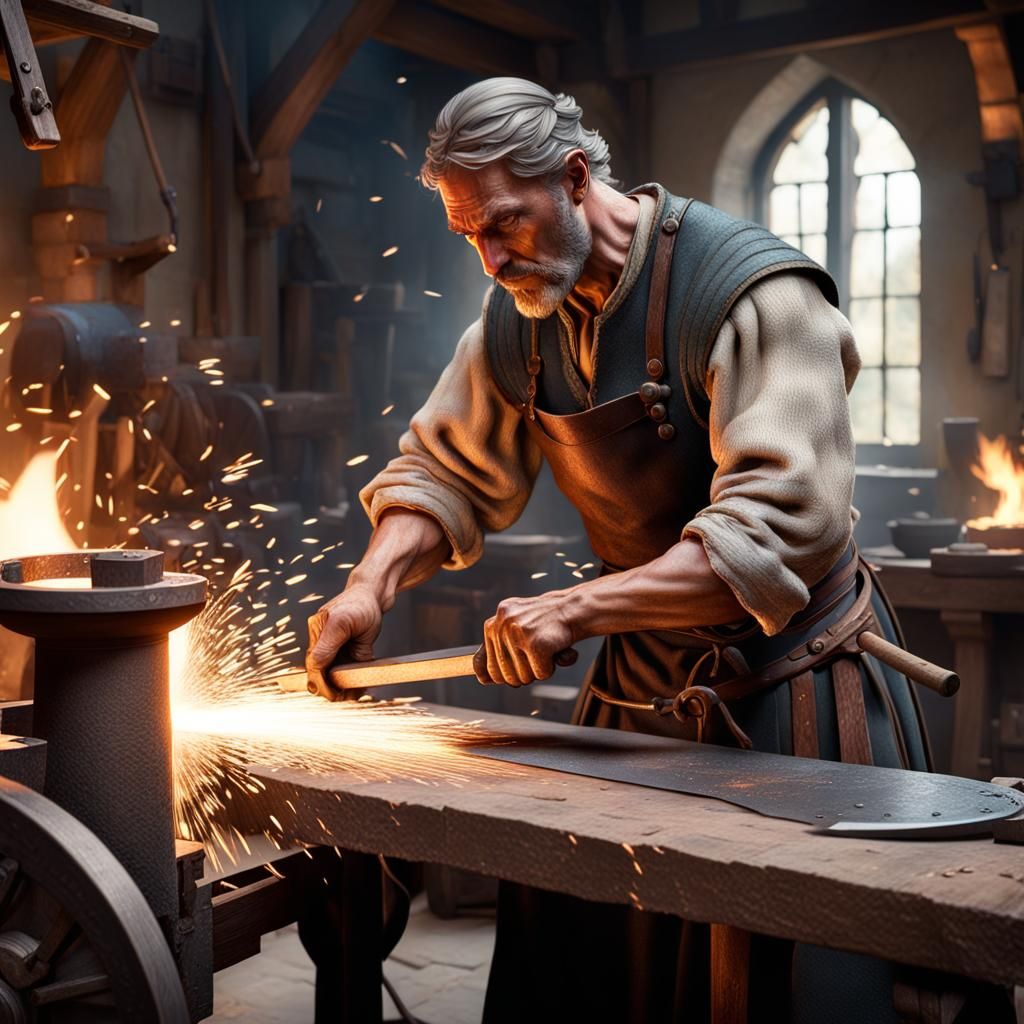 a 4k high resolution close shot photograph of a medieval blacksmith ...