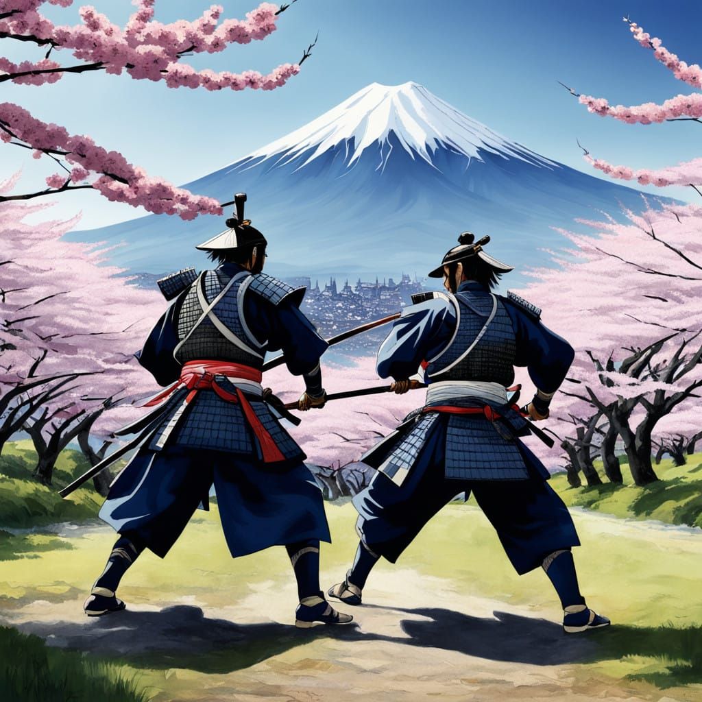 Samurai Clash Under Cherry Blossoms with Majestic ... - AI Art
