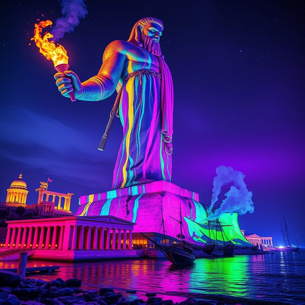 "A majestic colossal statue inspired by the Colossus of Rhodes ...
