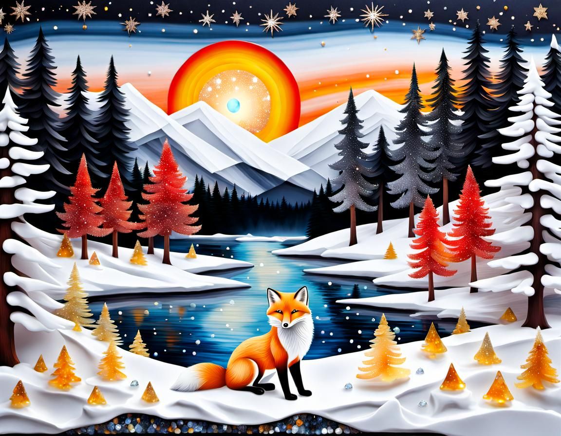 Winter scene with red fox - Winter scene with red fox