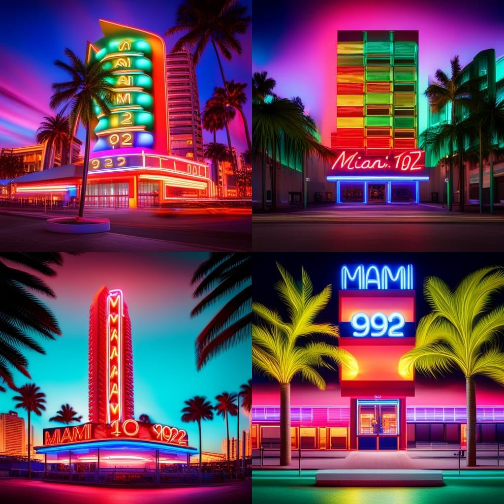Wide angle photo of a glowing neon sign that says "Miami1992"!!!! on ...