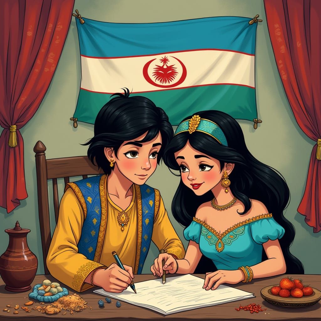 Aladdin and Princess Jasmine's Vibrant Flag Art - AI Art