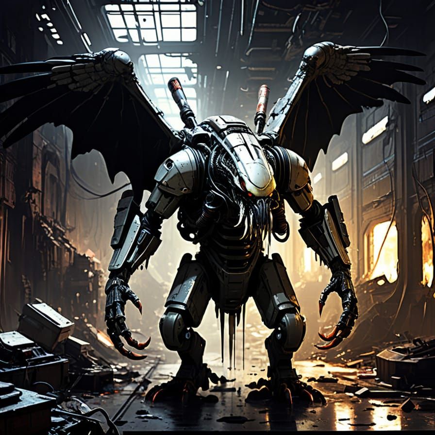 A humanoid vulture, drenched in blood, wearing a tattered janitor's ...