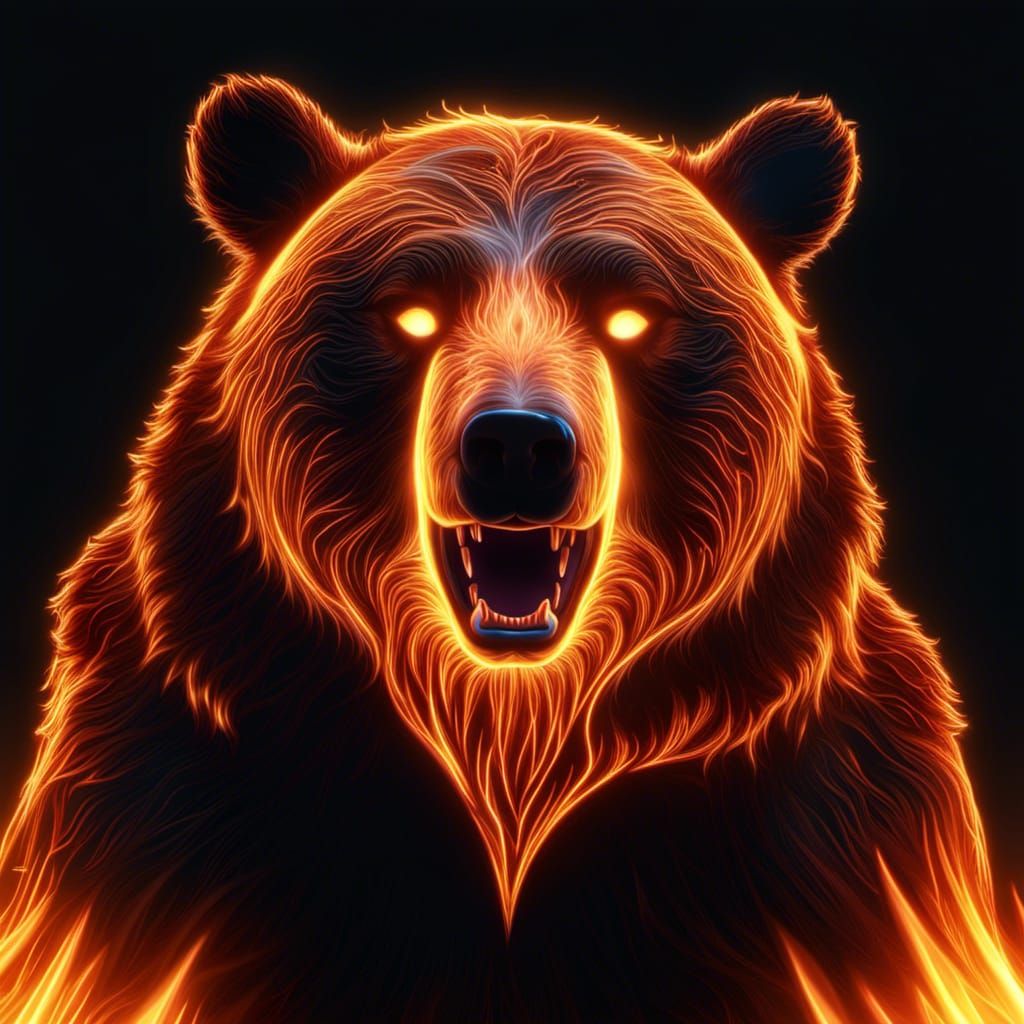 a photograph portrait of a glowing outline of an on-fire Obese Bear, on ...