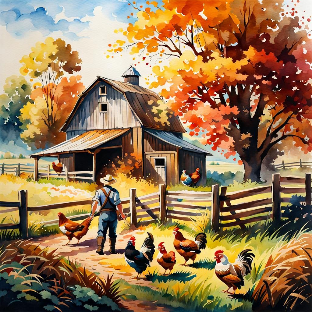 watercolor painting Harmonious farm life, Farmer feeding his chickens ...