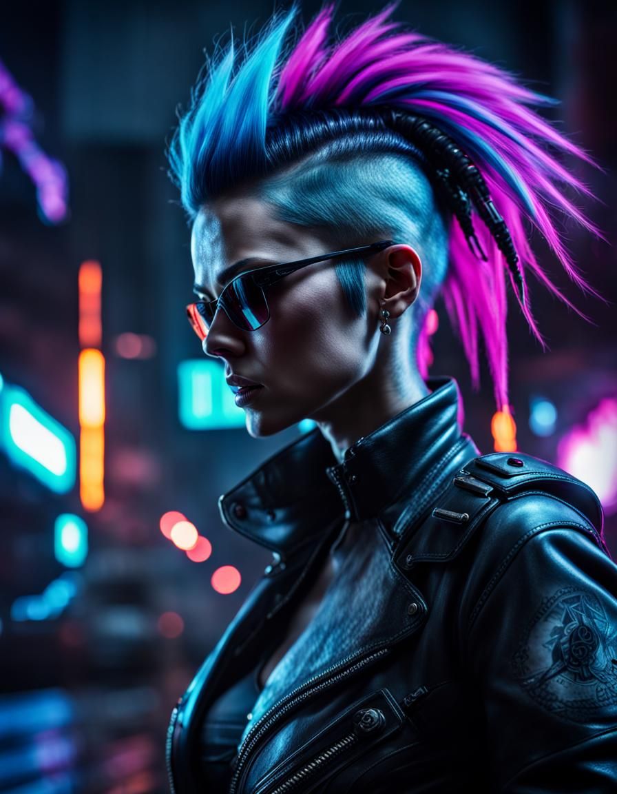 biker girl, mohawk, cyberpunk, shadowrun, rave - AI Generated Artwork ...