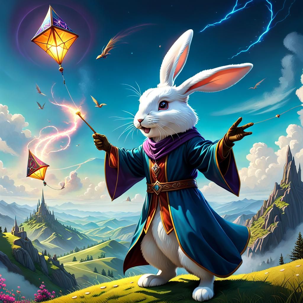 A Rabbit Wizard Casting a Spell to Make His Hat Kite Fly in the Breezy ...