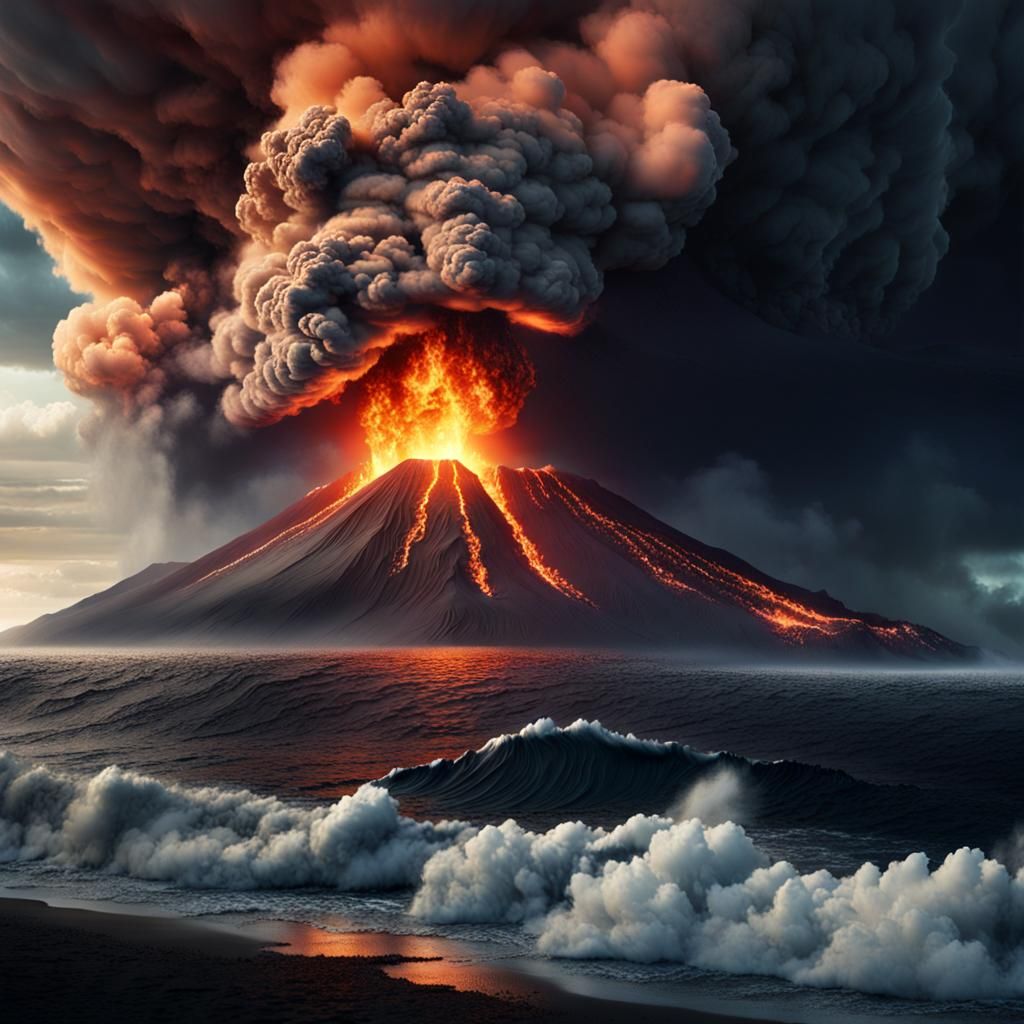 volcano eruption forming a new island on the ocean, pyroclastic cloud ...