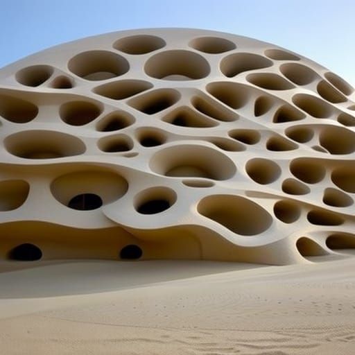 biomorphic round epic sand castle architecure, curvy sand columns, zaha ...