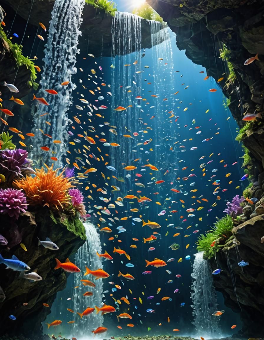 An epic waterfall, with the water entirely made up of colour tiny fish ...