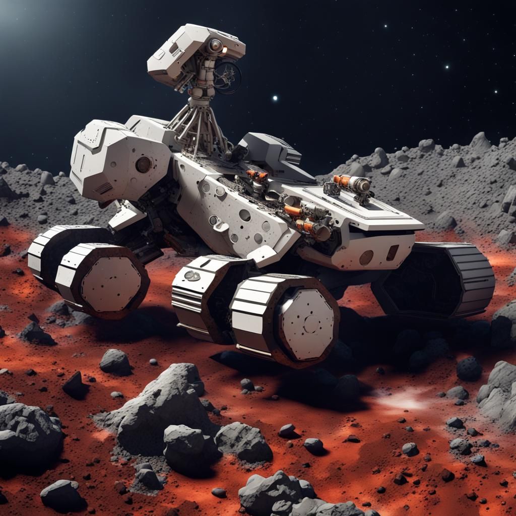 space bot on a mineral-rich asteroid excavating minerals from the edge ...