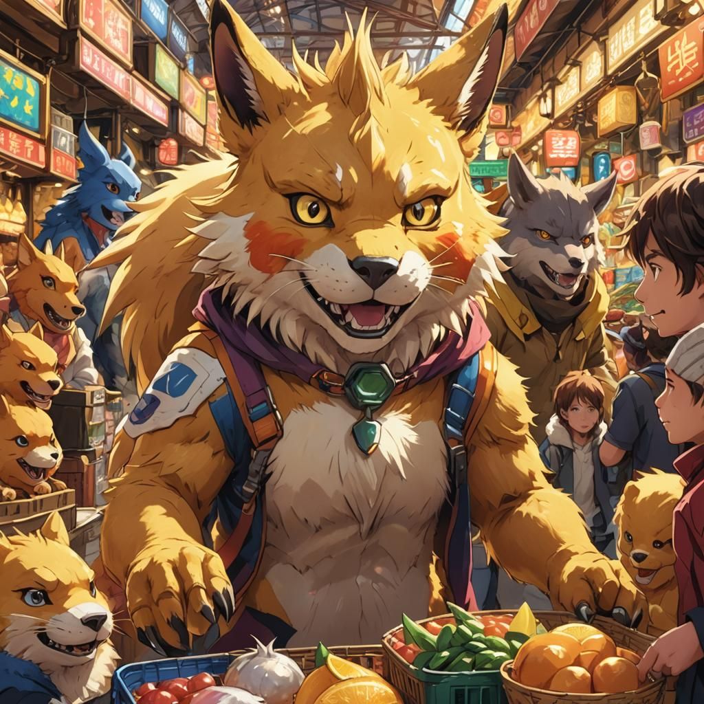 Anime-Style Digimon Haggles in Bustling Market Sce... - AI Art