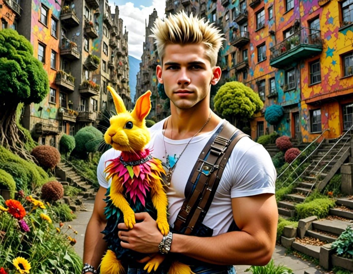 Handsome man with rabbit friend - AI Generated Artwork - NightCafe Creator
