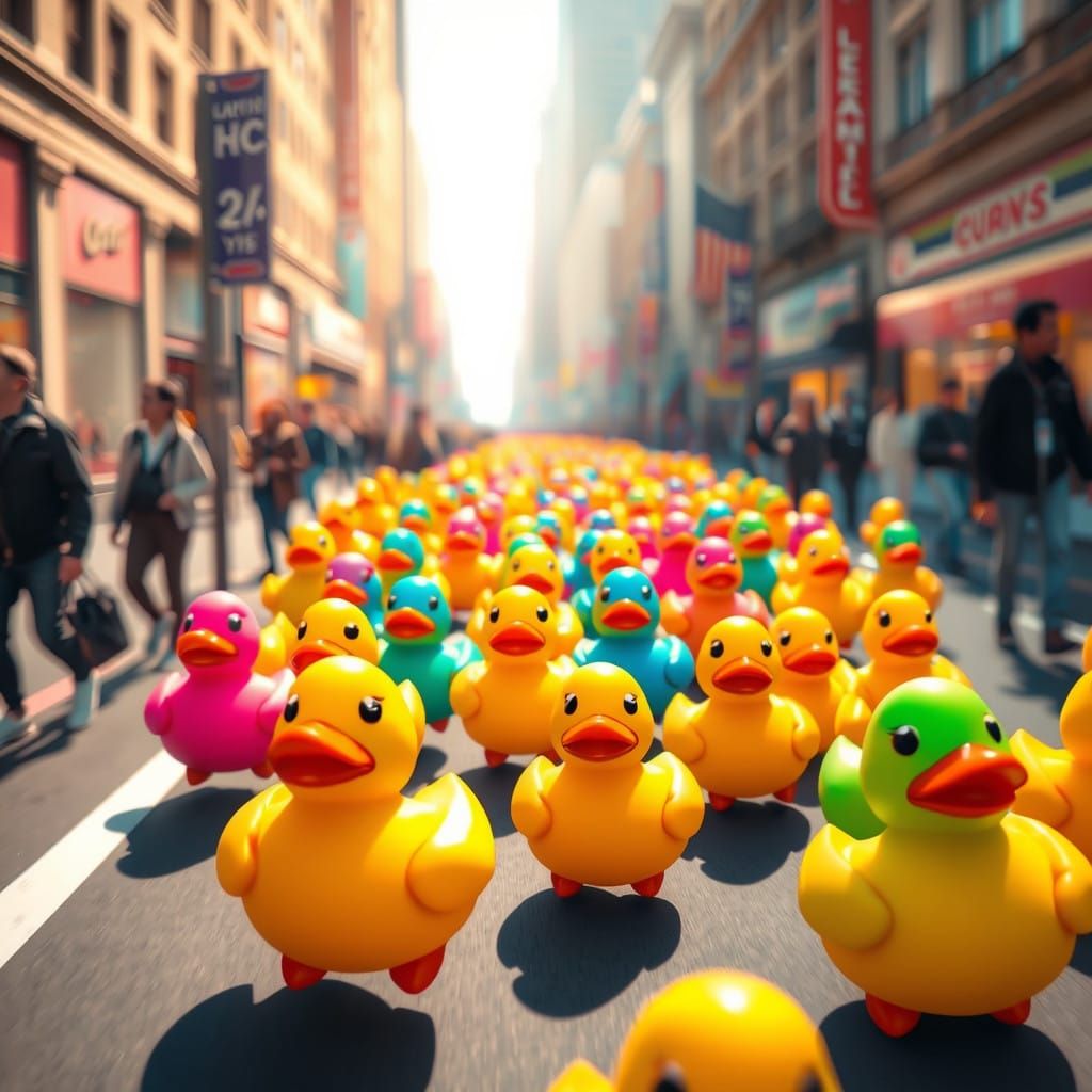 Vibrant Mini Rubber Duck Army Runs Through Whimsic... - AI Art