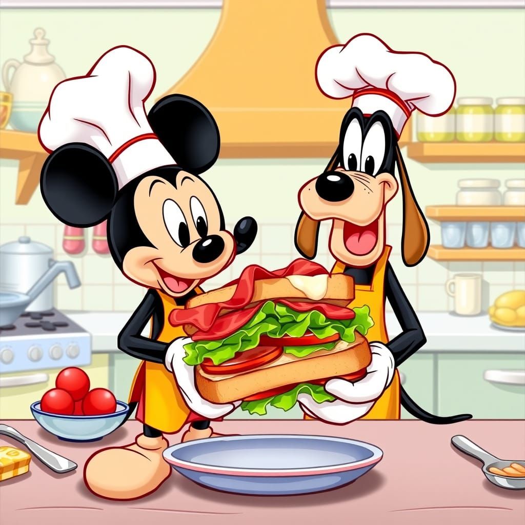 Cartoon Disney Chefs Prepare a BLT Sandwich - AI Art