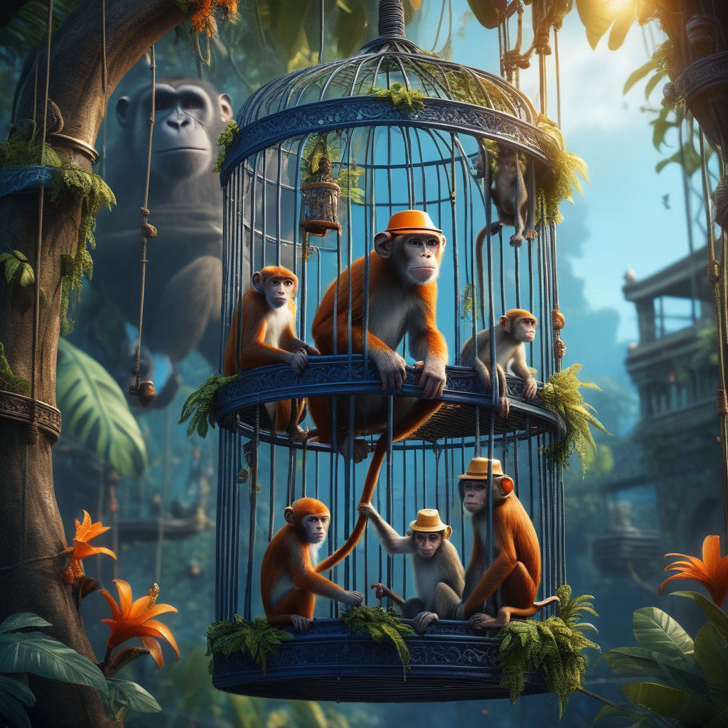Vibrant Cage Scene with Humans and Monkeys in Trop... - AI Art
