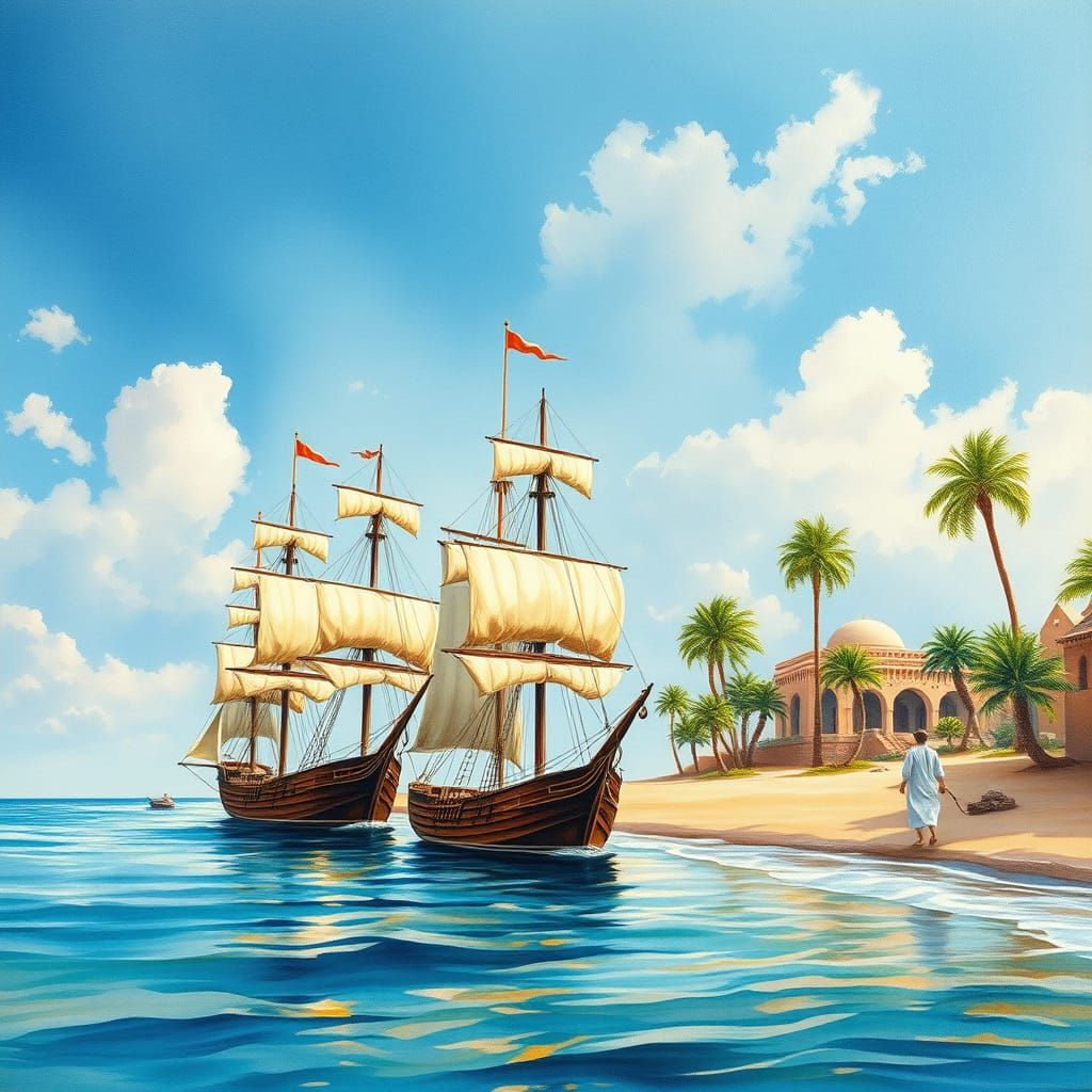 Pirate Ships Amidst Arabian Desert Oasis - AI Art