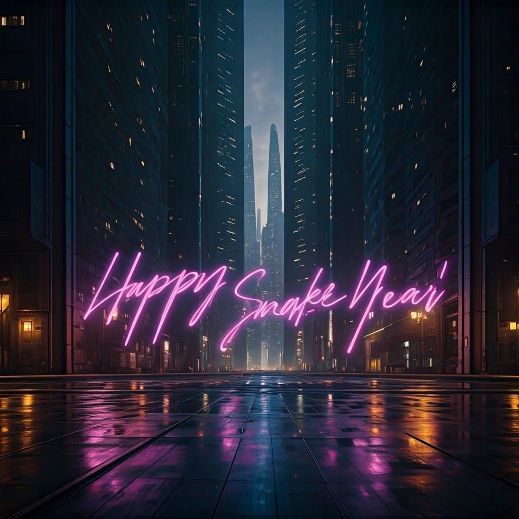 Futuristic Cityscape with Neon Lights Writing Happ... - AI Art