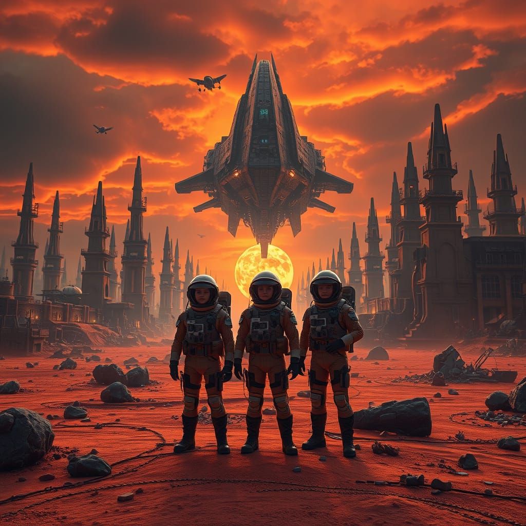 Futuristic Mars Explorers Stand Heroically Amid Al... - AI Art
