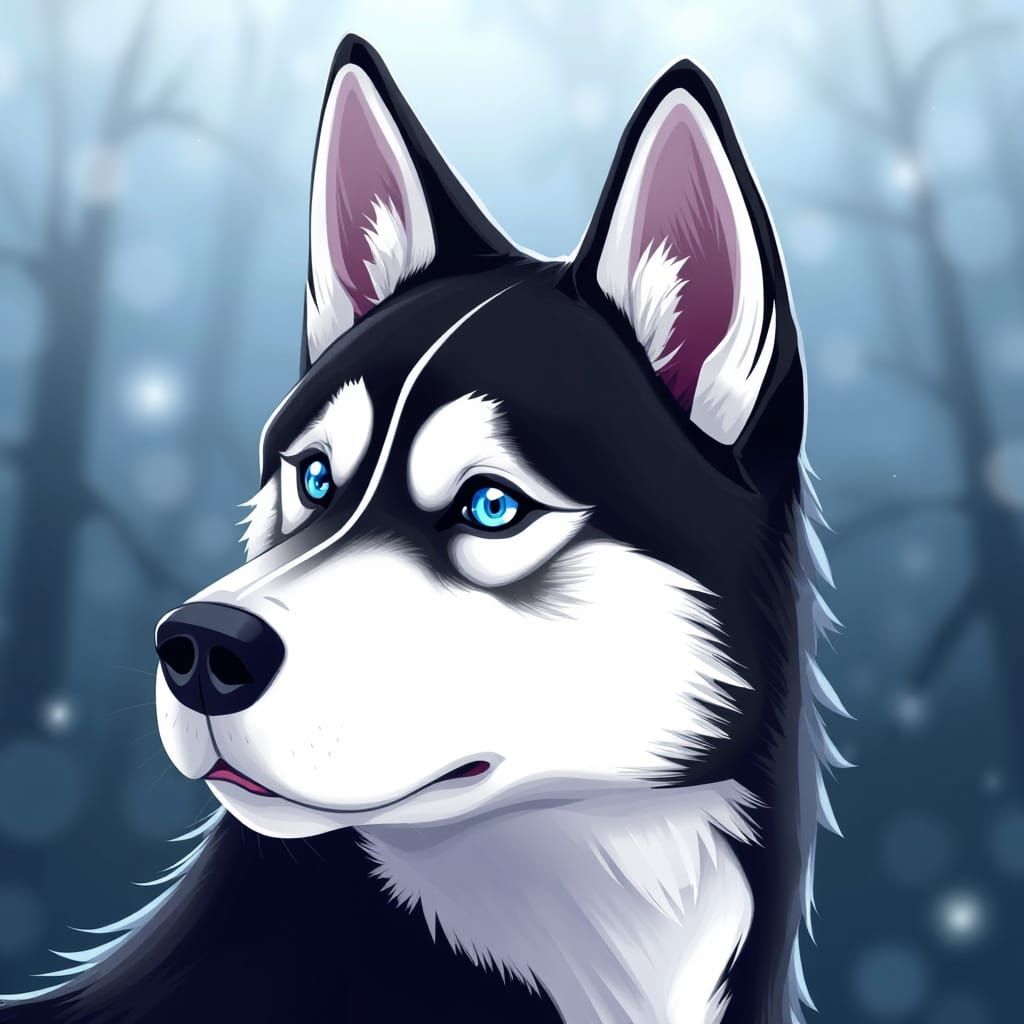 Anime Husky in Monochrome with Vibrant Blue Eyes - AI Art