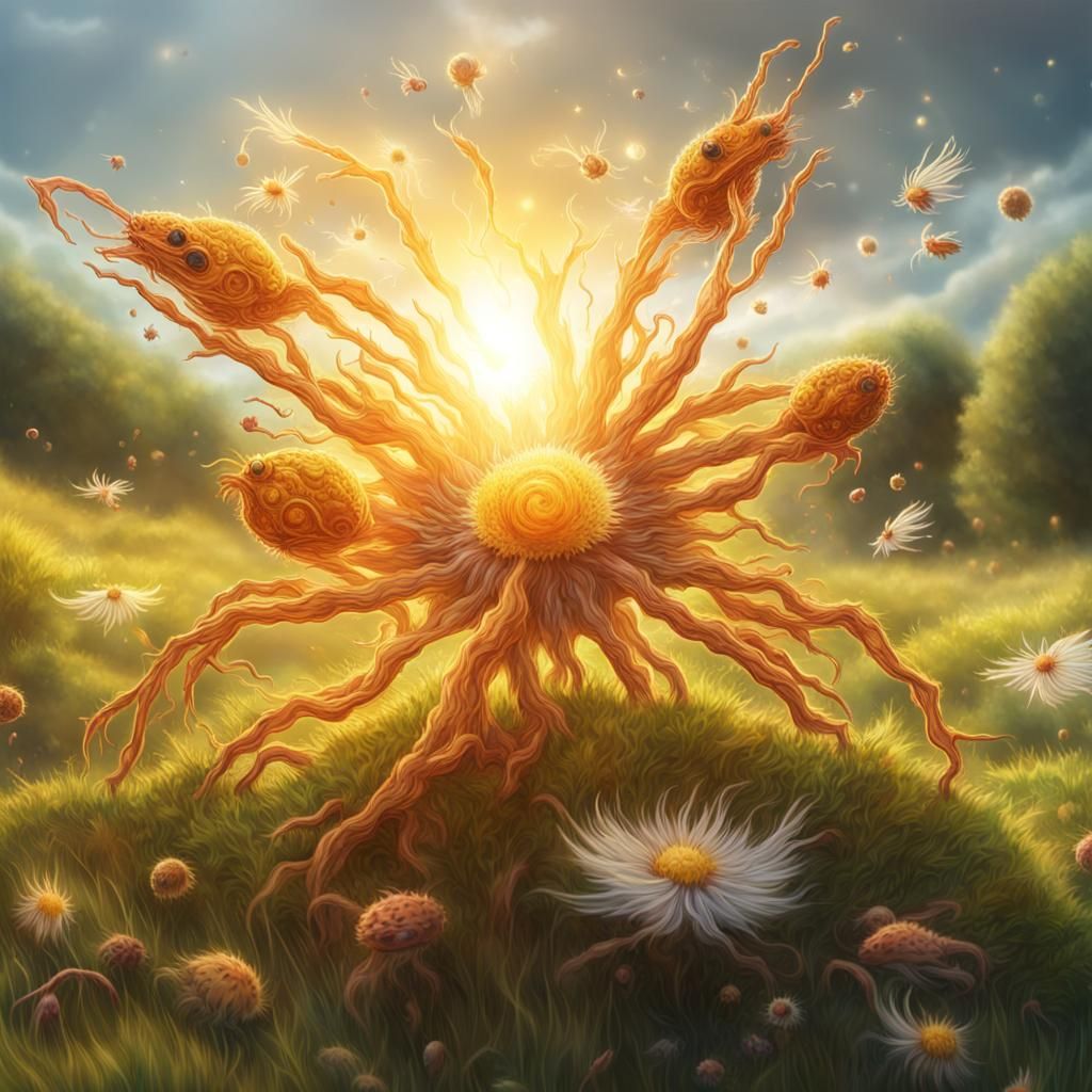 flow sun creature that is playing with bugs in a grassy flower meadow ...