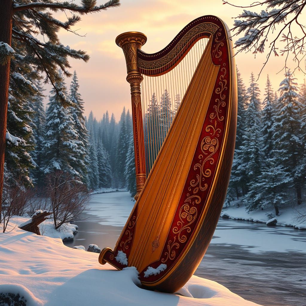 Hyperrealistic Ancient Irish Harp in a Snowy Pine ... - AI Art