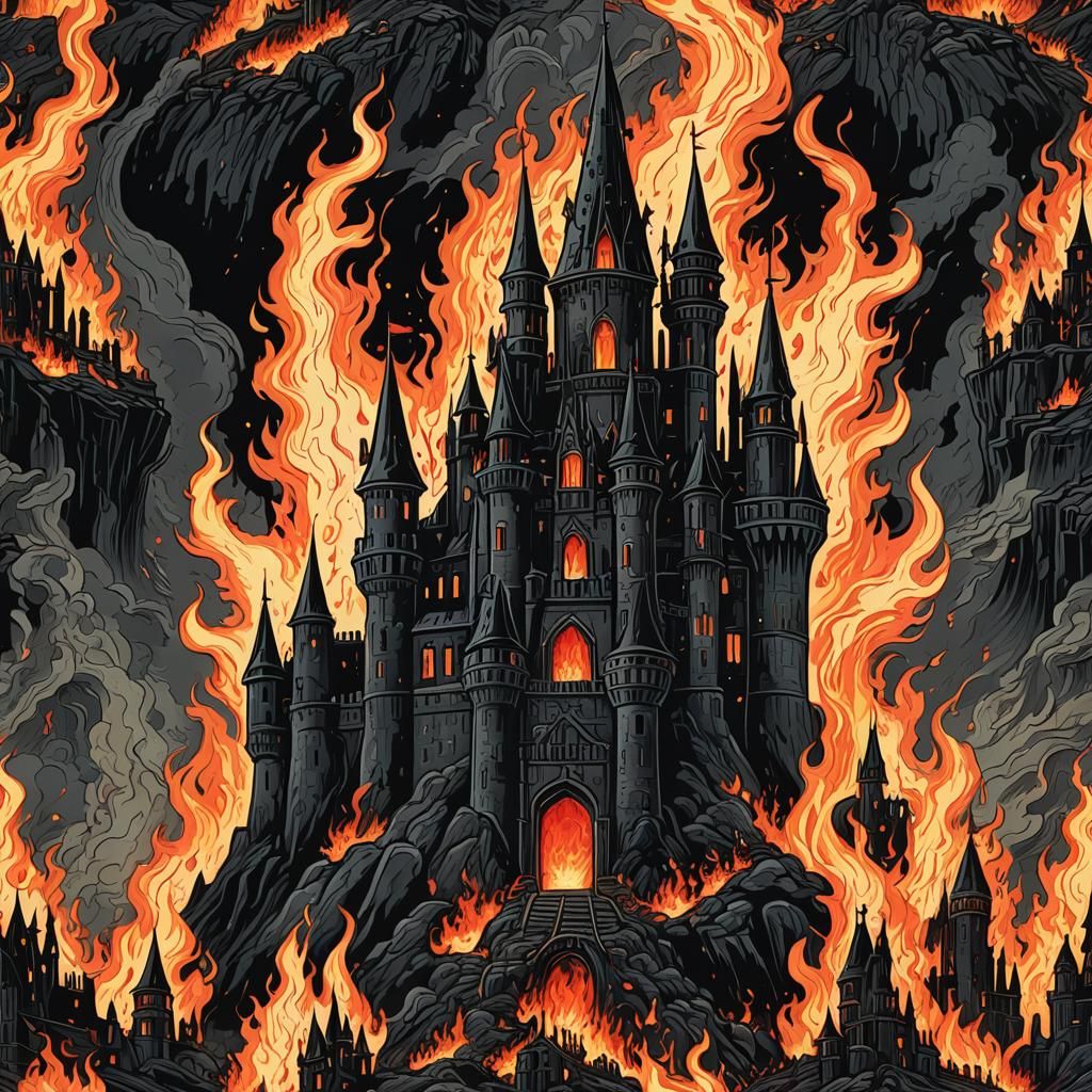 Black castle surrounded by flames. hyperdetailed retroism - AI ...