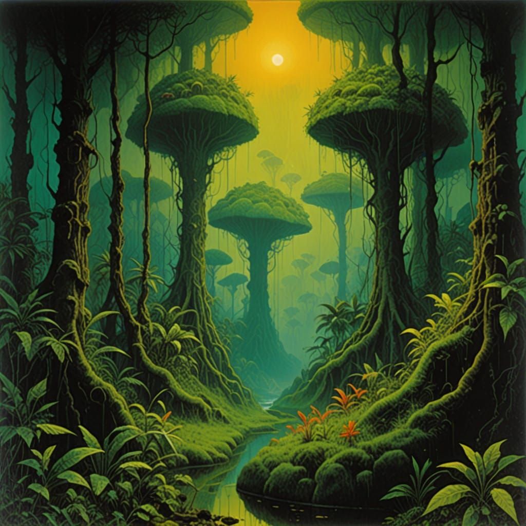 Lush Beksiński Jungle - Vibrant Beksiński Jungle Scene